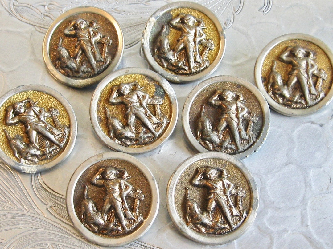 Antique Hunting Scene Metal Buttons – Hunter, Dog, Bird, 1.5" Diameter ...