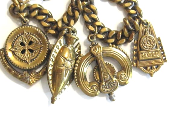 Chunky Vintage Charm Bracelet, Brass Charm Bracelet, … - Gem