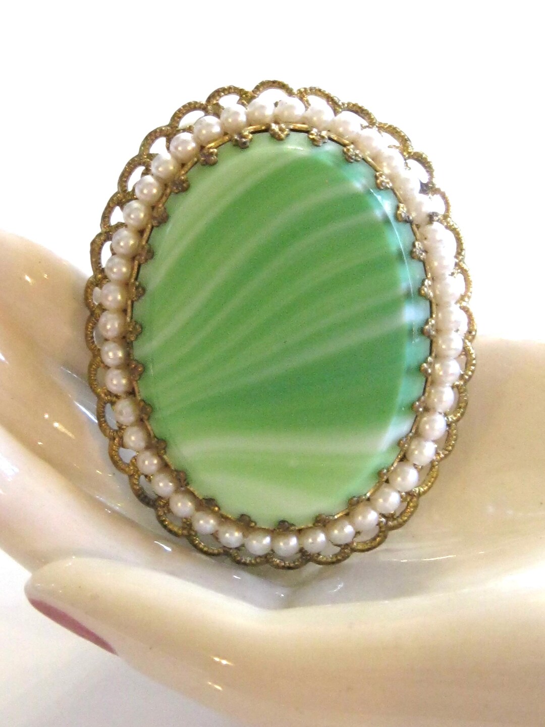 Vintage West German Lime Green Slag Agate Porphyry Glass Pin Brooch ...
