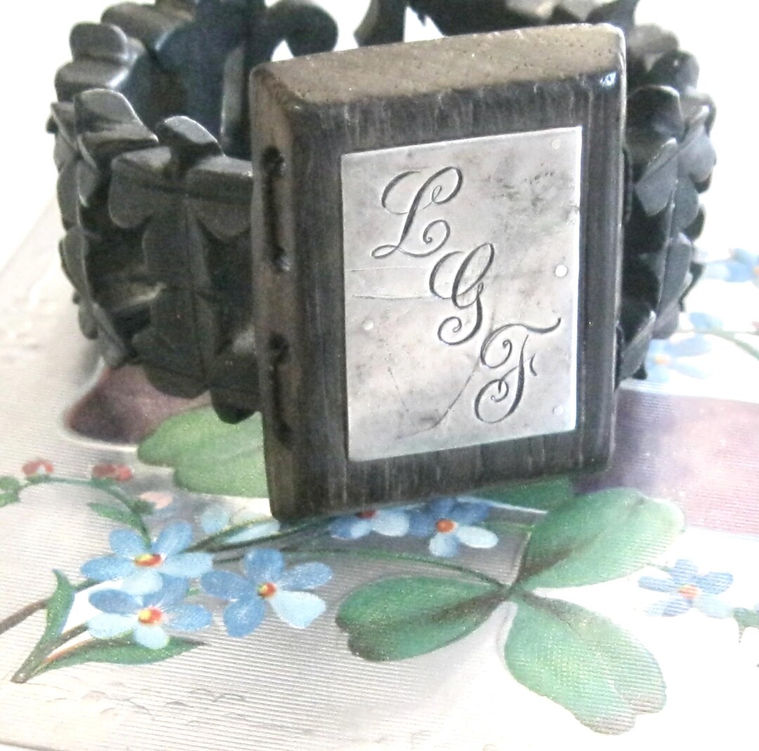 Antique Bog Oak Bracelet, Sterling Silver LGF Monogram, Shamrock Clover ...