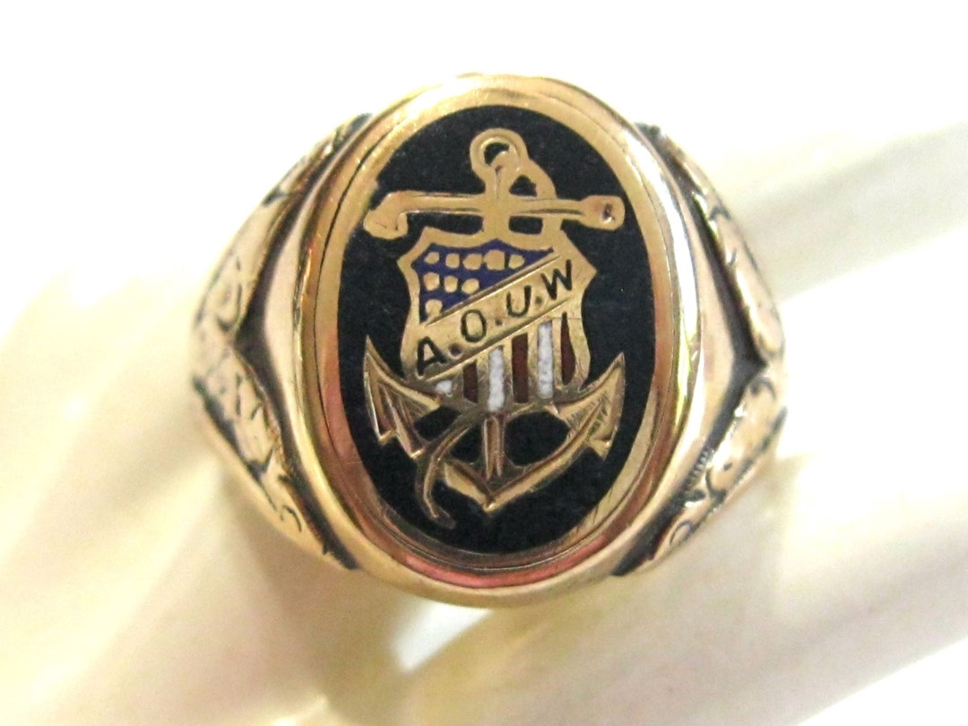 Rare Solid Gold AOUW Fraternal Ring - 10k Yellow Gold and Flawless ...