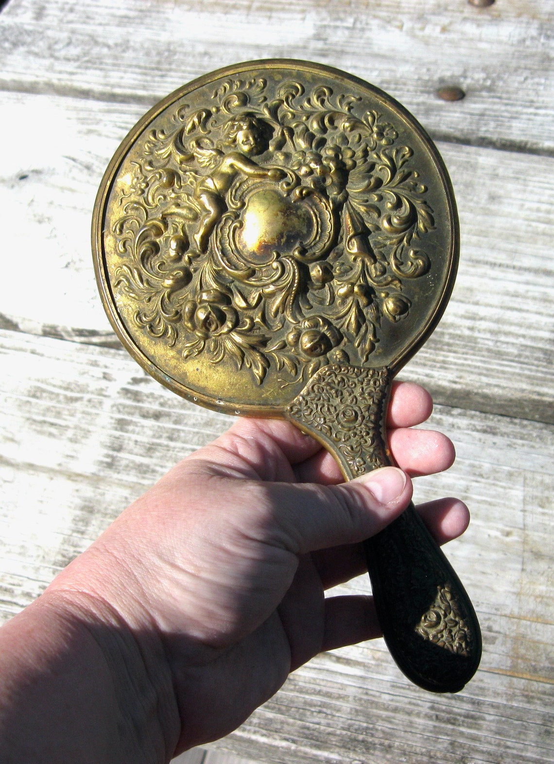 Antique Brass Hand Mirror – Victorian Sleeping Cherub, Floral Design - Etsy