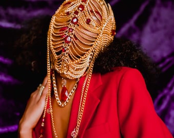 Feather and Chain Masquerade Mask in Red and Gold - Etsy