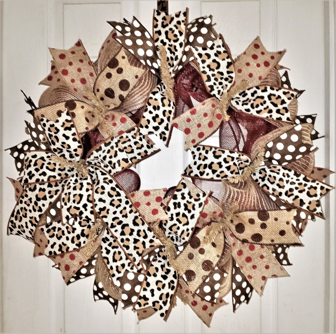 Leopard print burlap wreath, burgundy animal print wreath with burlap ...