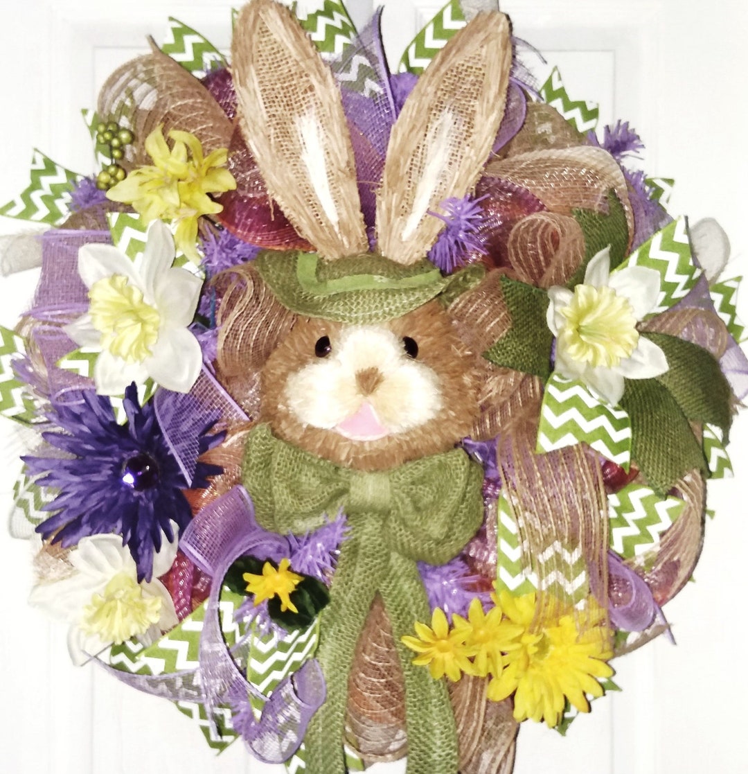 Burlap Rabbit Spring Easter Wreath, Sisal Bunny, Burlap Bunny Wreath ...