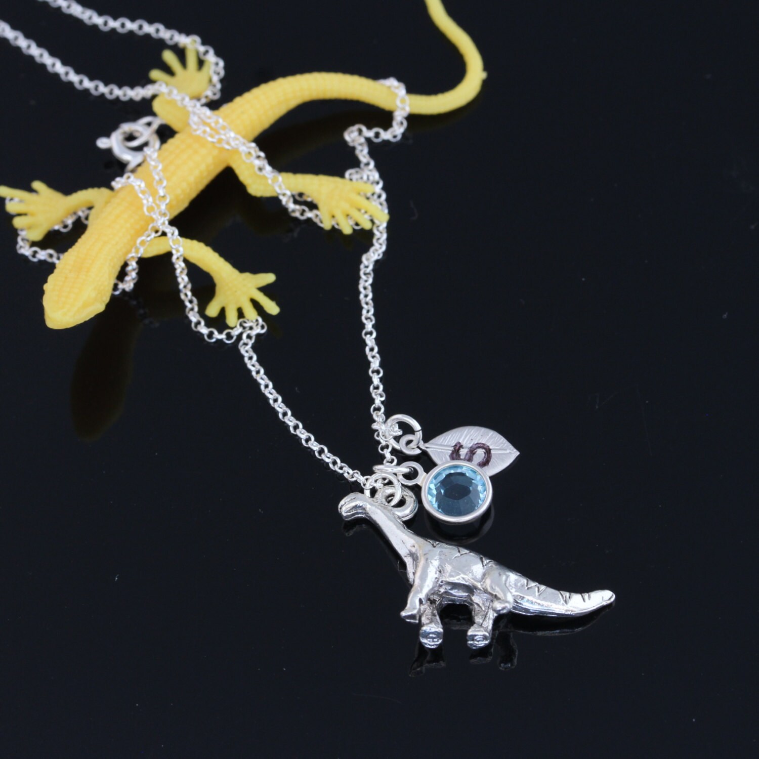Silver Dinosaur Necklace Birthstone Necklace 3D Dinosaur Necklace ...