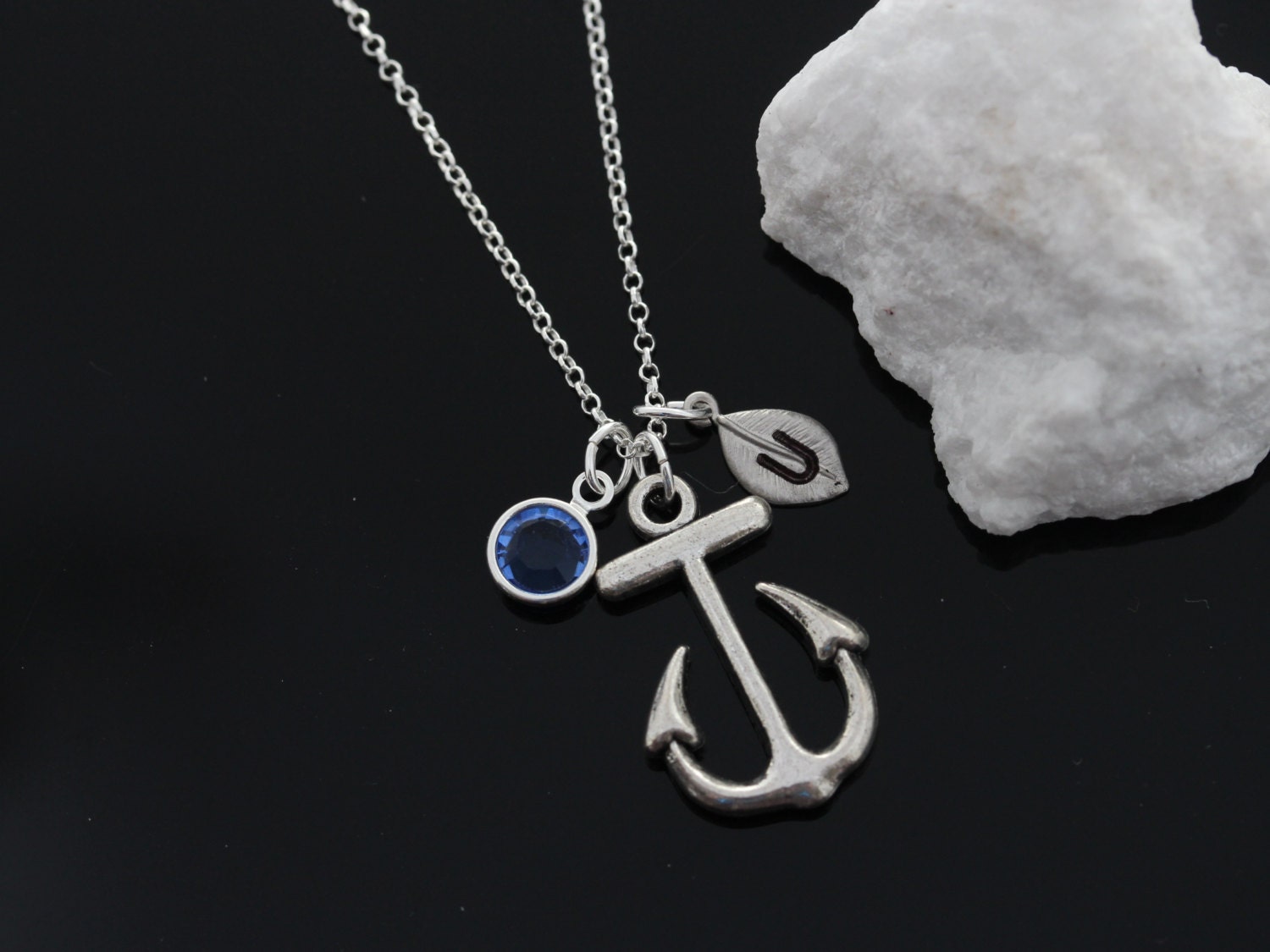 Personalized Anchor Necklace, Choose Initial and Birthstone, Anchor ...