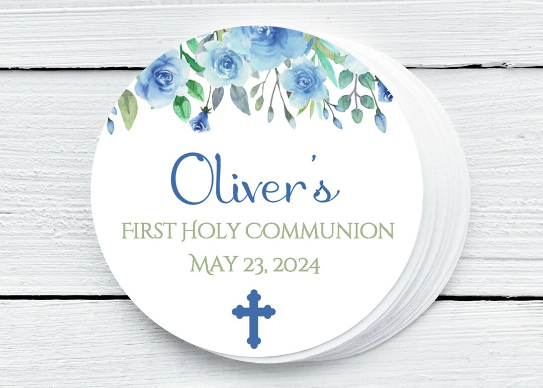 Personalized Round Blue Floral First Communion or Baptism Party Favor ...