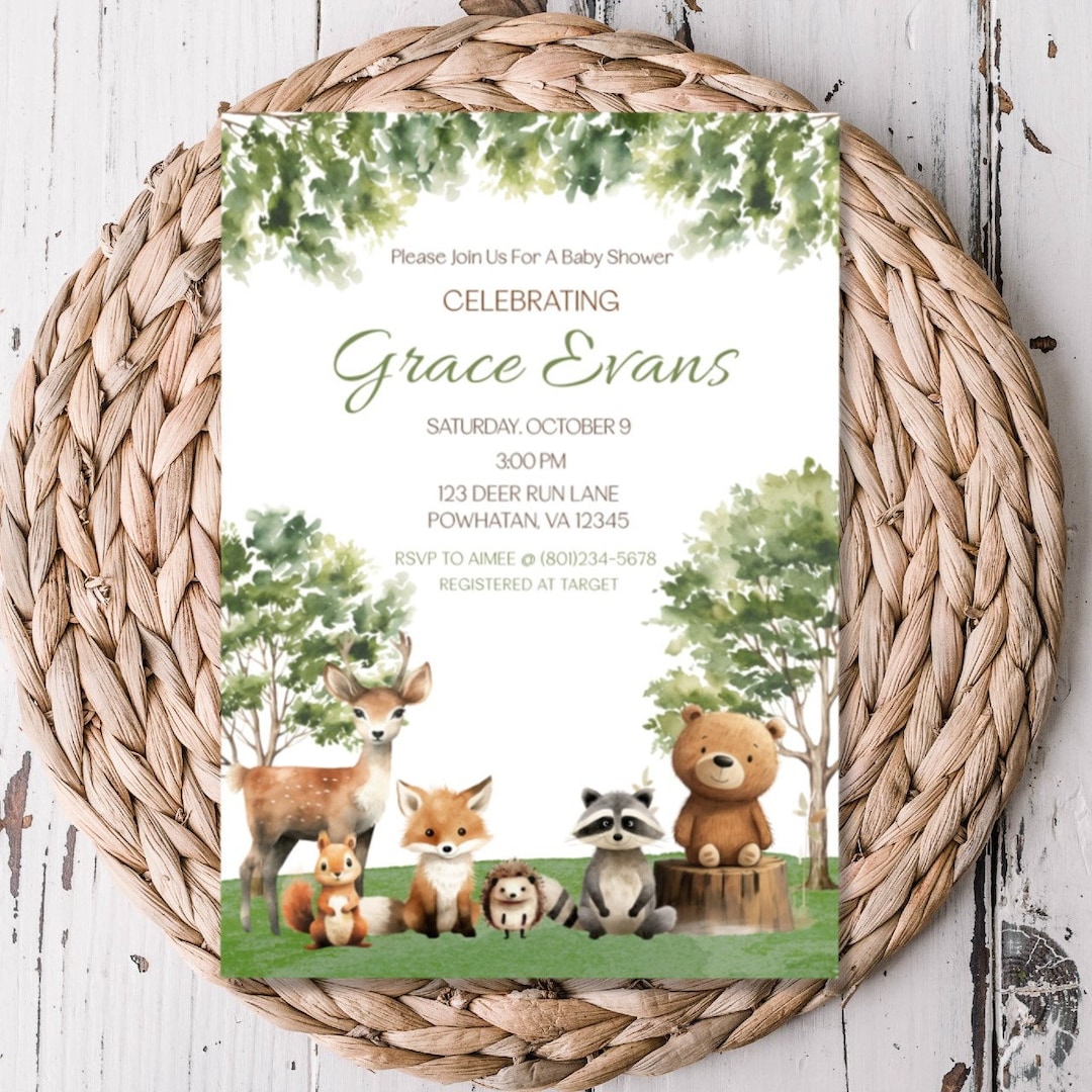 Woodland Forest Animal Theme Baby Shower Invitation - Editable - You ...