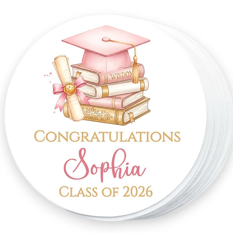 Personalized Pink Graduation Favor Round Label Stickers - Round Favor ...
