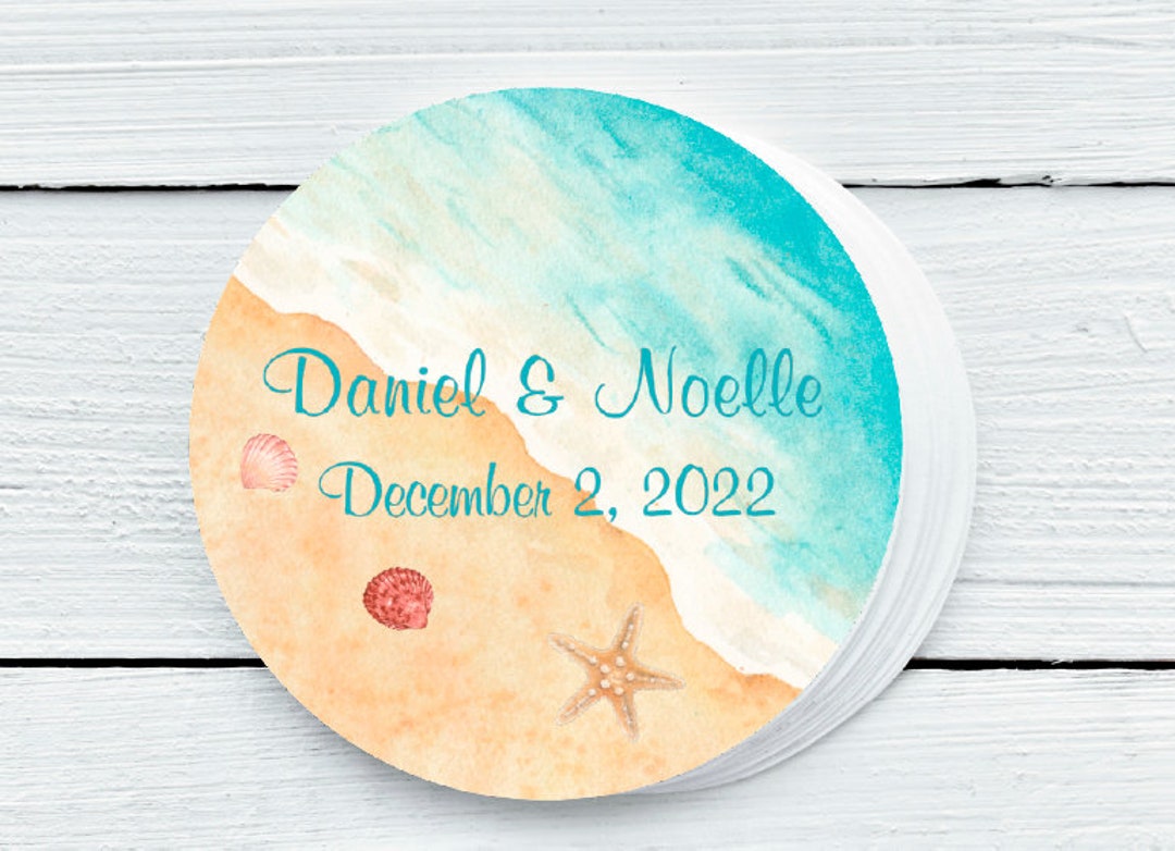 Personalized Beach Wedding Party Favor Labels - Beach Theme Round Favor ...