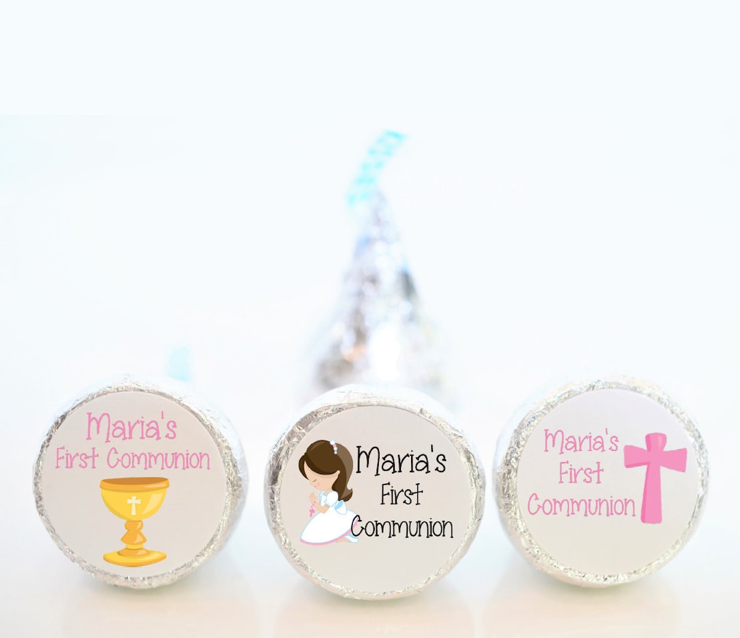 Personalized First Communion Chocolate Kiss Party Favor Stickers - Girl ...