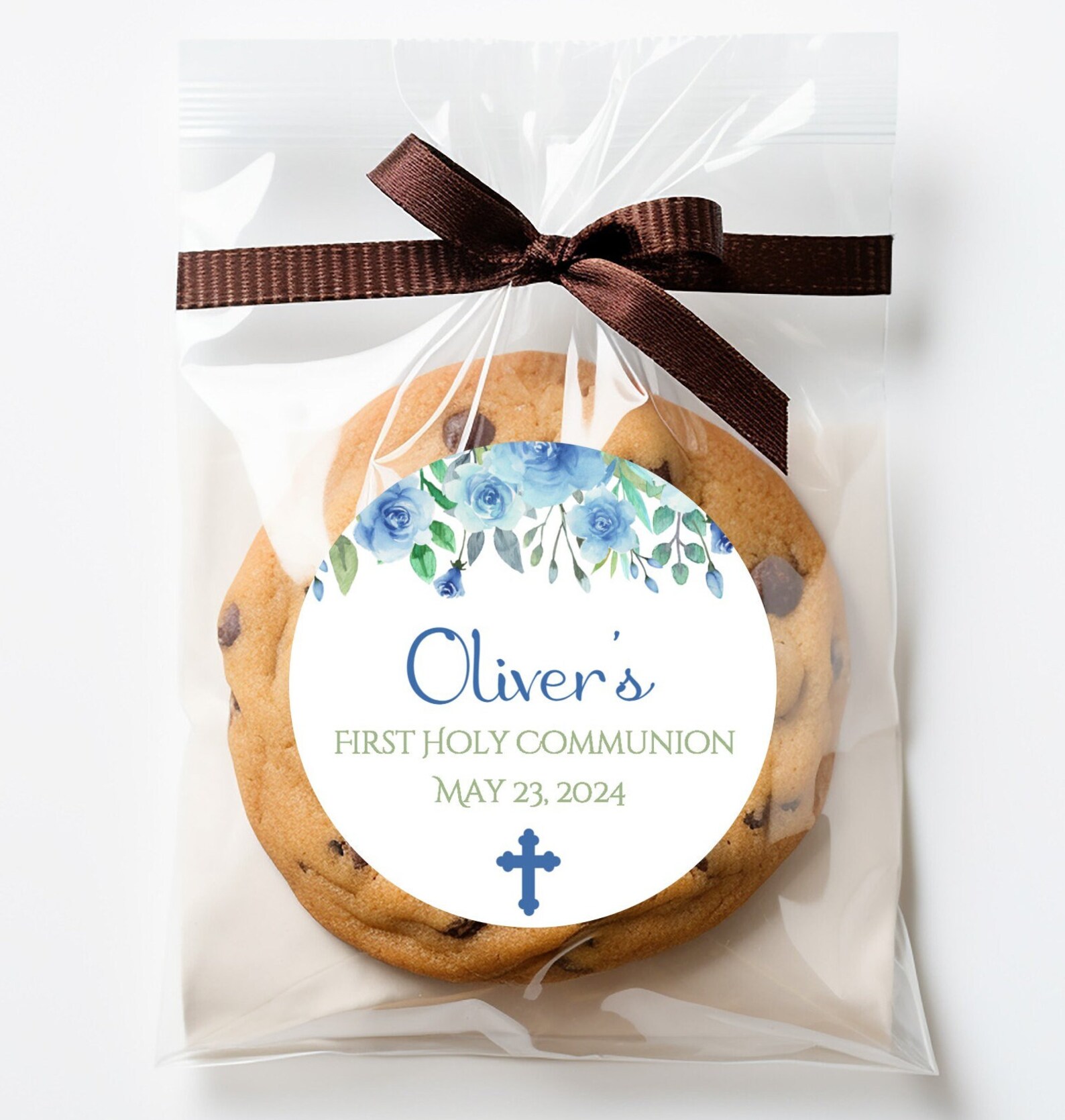 Personalized Round Blue Floral First Communion or Baptism Party Favor ...