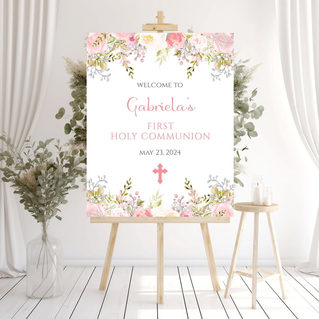 First Communion Pink Floral Welcome Sign Printable - 6 Sizes Included ...