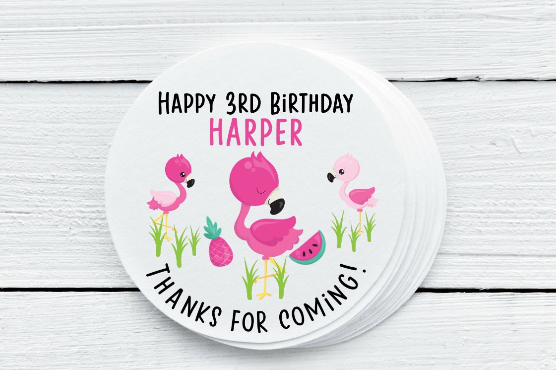 Personalized Glossy Flamingo Favor Labels - Birthday Favor Labels ...