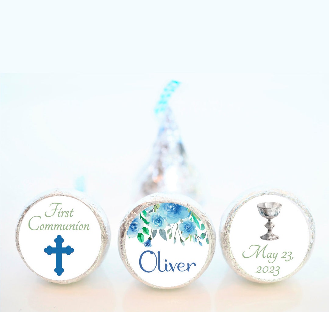 Personalized Blue Floral First Communion Chocolate Kiss Party Favor ...