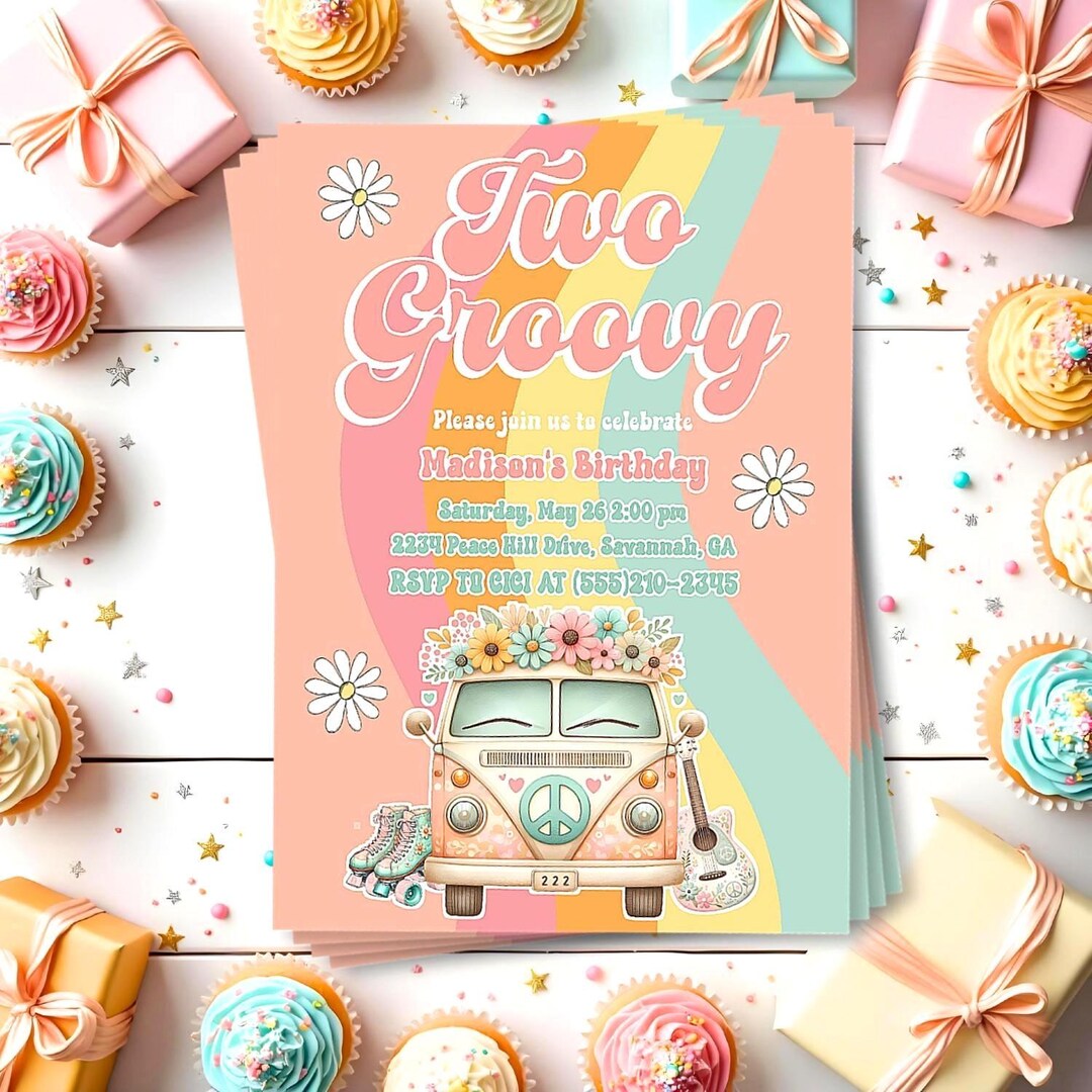Printable Two Groovy Theme 2nd Birthday Invitation, Groovy Theme Invite ...
