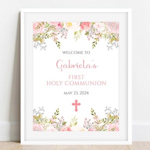 First Communion Pink Floral Welcome Sign Printable - 6 Sizes Included ...