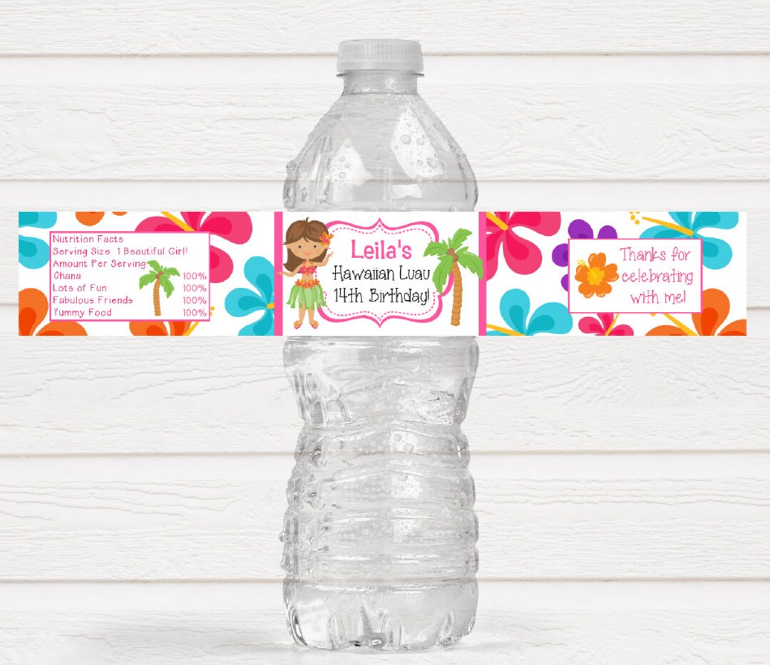 Personalized Hawaiian Luau Birthday Party Water Bottle Labels ...