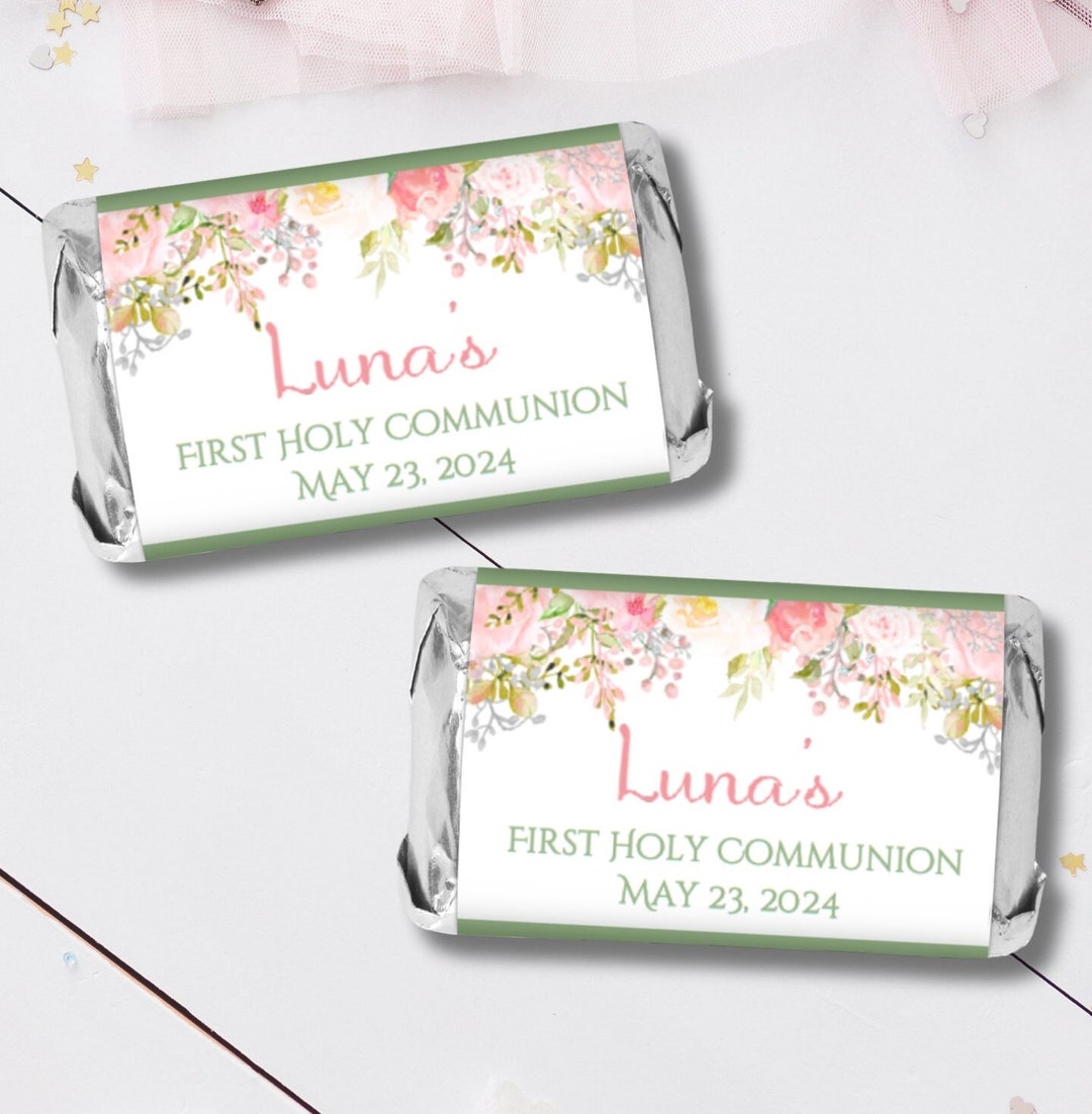 Personalized First Communion Light Blue Floral Miniature Candy Wrappers ...