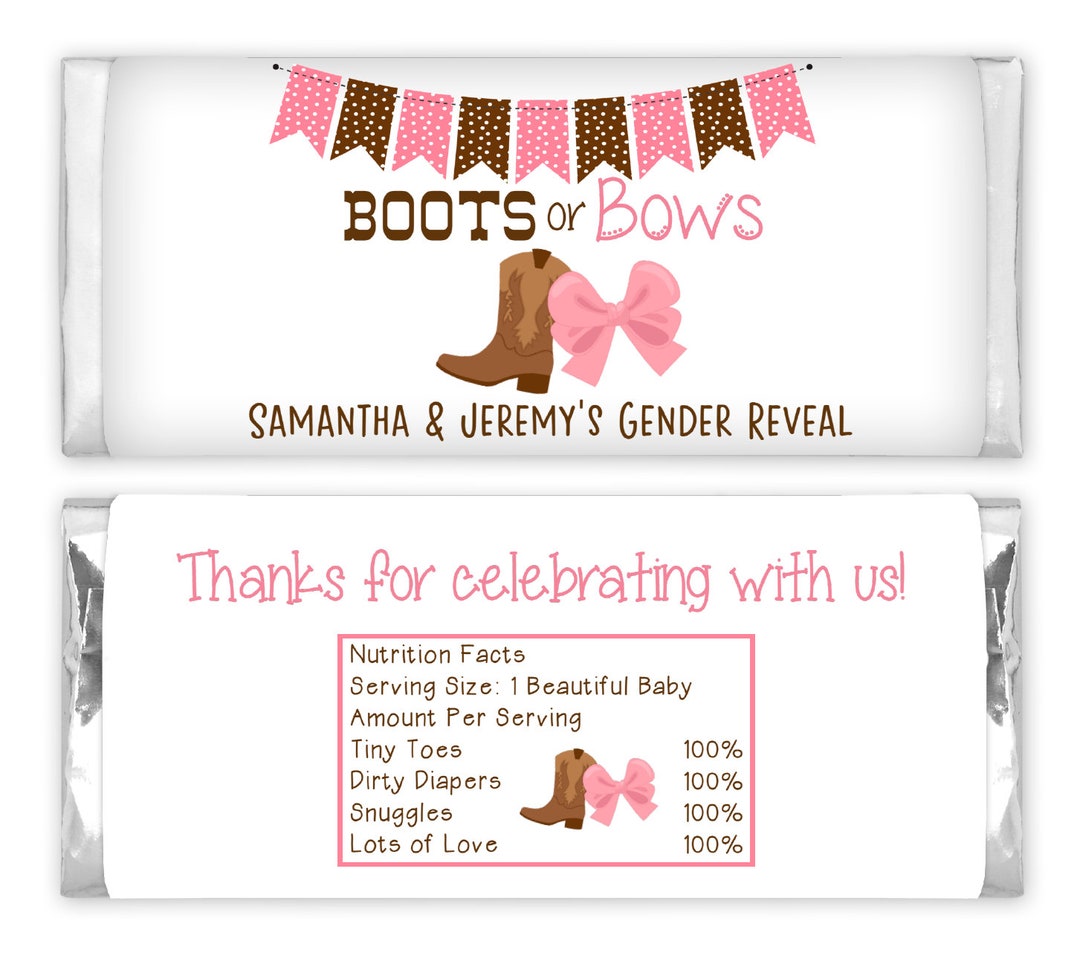 Personalized Boots or Bows Gender Reveal Full Size Candy Bar Labels ...