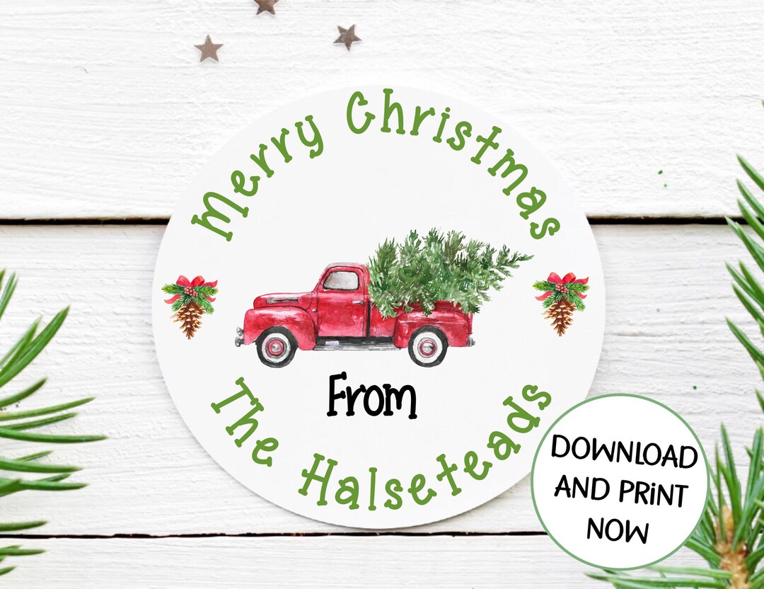 Personalized Vintage Red Truck Christmas Party Favor Stickers - You ...