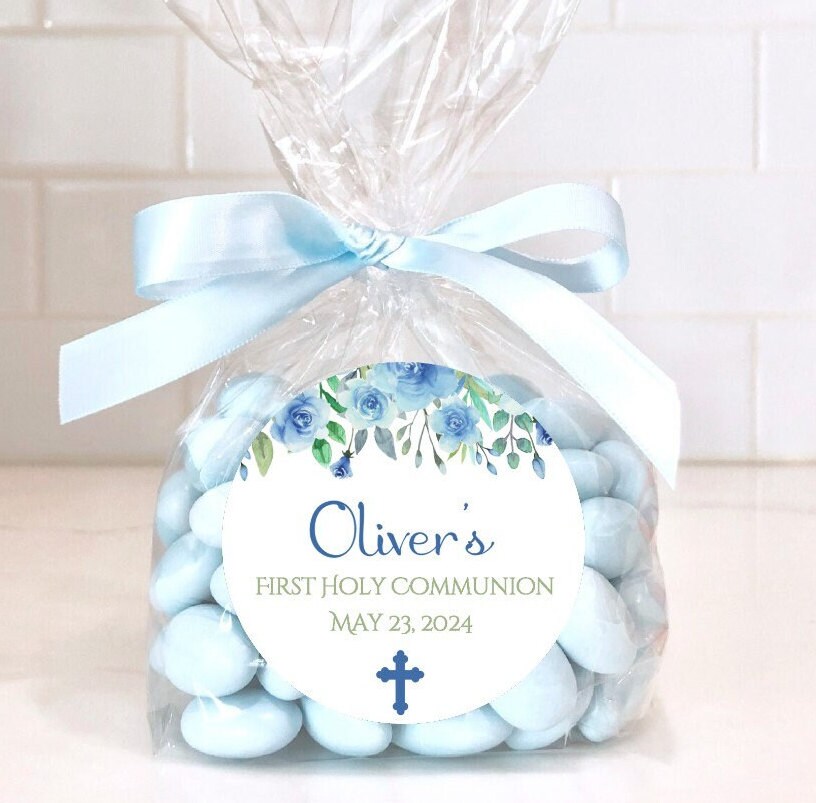 Personalized Round Blue Floral First Communion or Baptism Party Favor ...