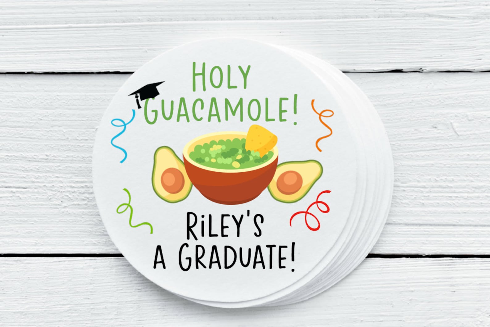 Personalized Glossy Guacamole Graduation Favor Labels - Guacamole Round ...