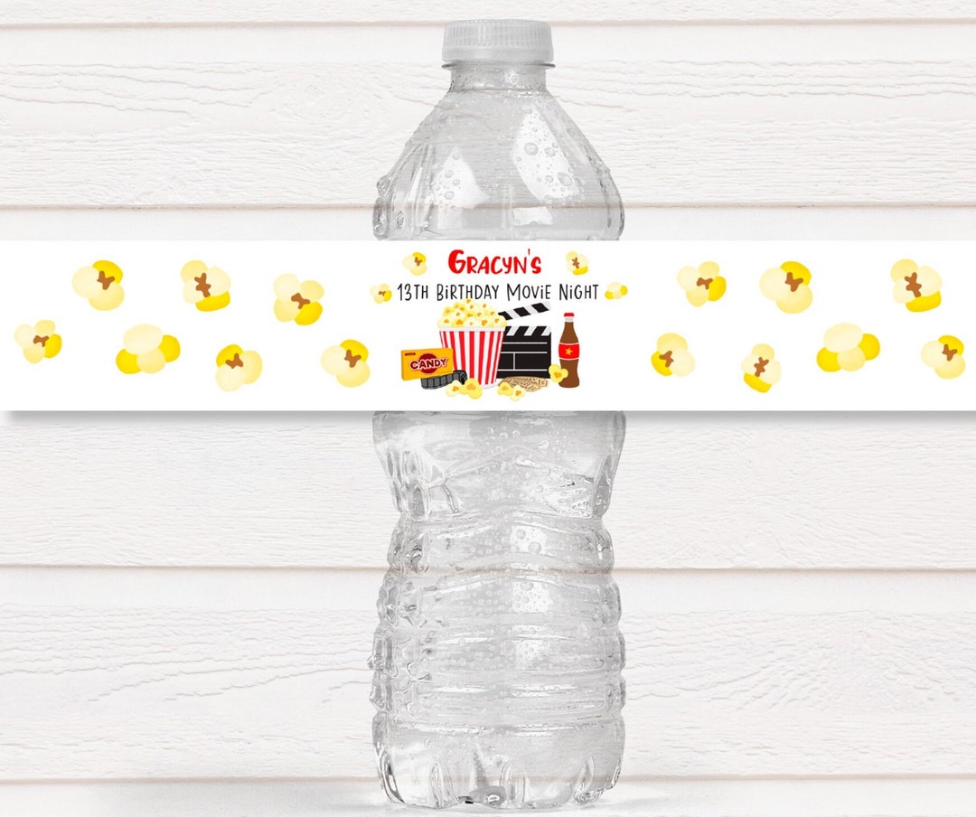 Personalized Movie Night Birthday Party Water Bottle Labels, Movie ...