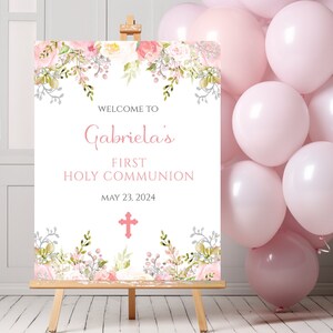 First Communion Pink Floral Welcome Sign Printable - 6 Sizes Included ...