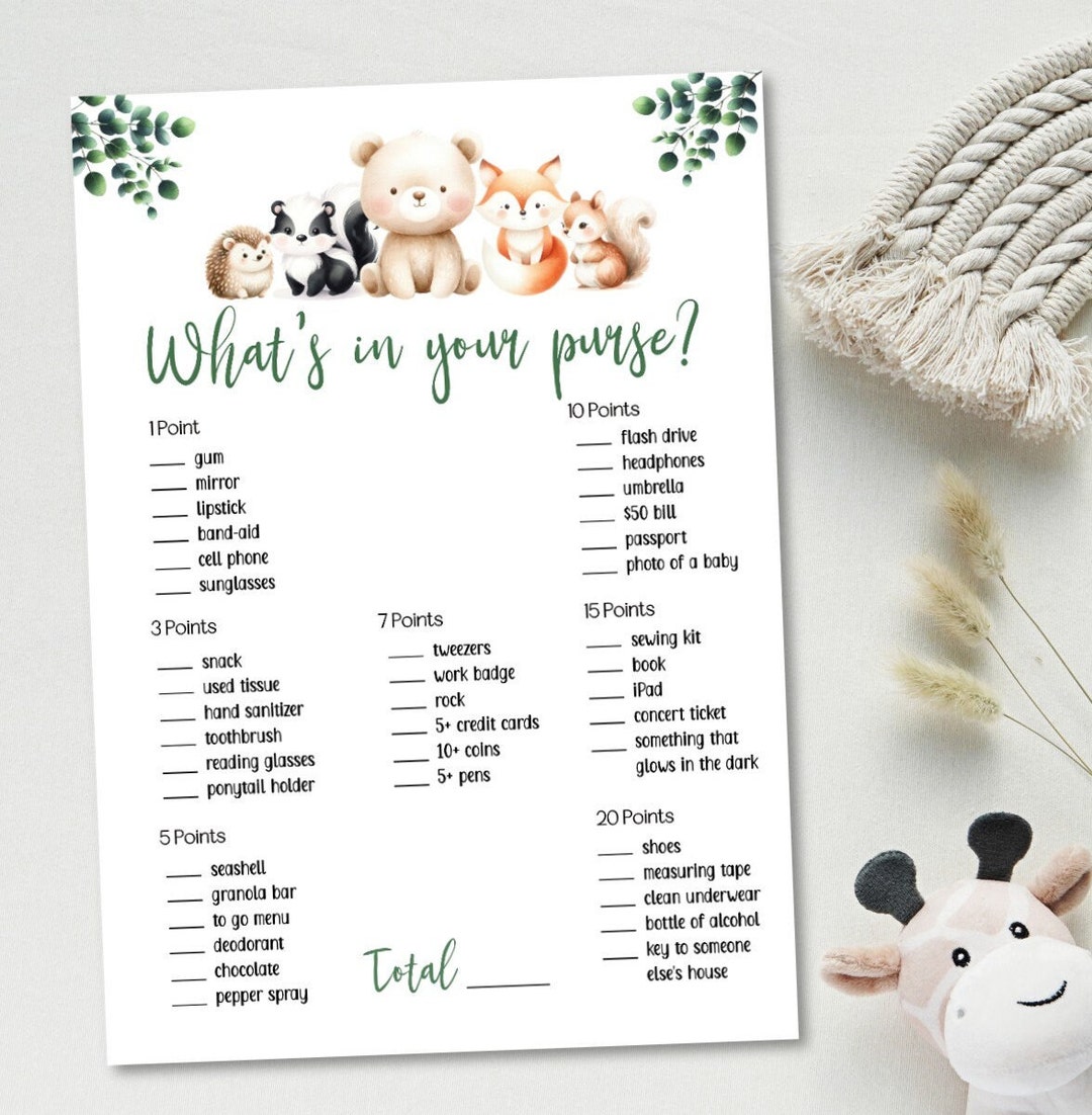 Woodland Animals Baby Shower Theme Purse Game Printables, WAN806 ...