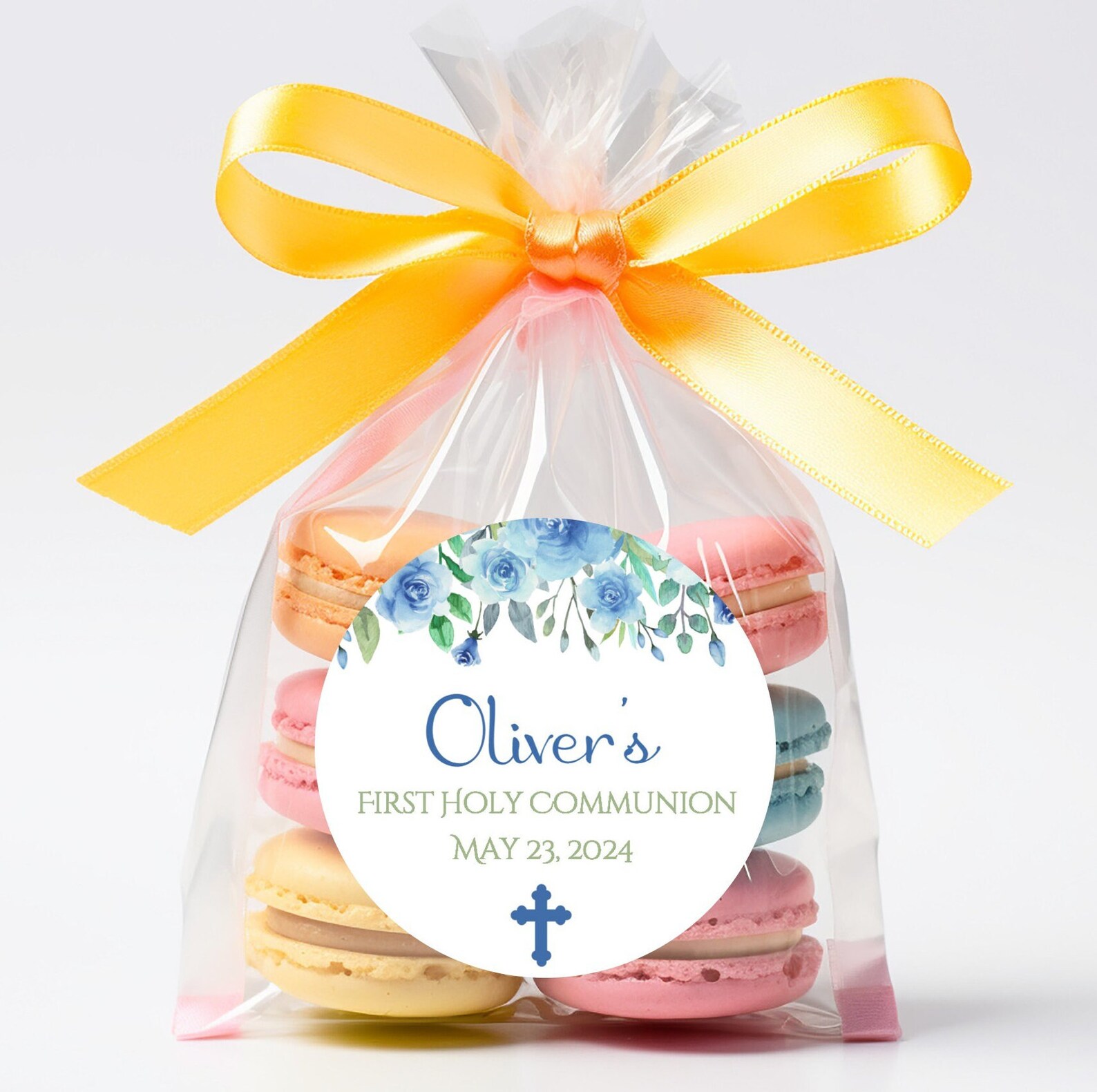 Personalized Round Blue Floral First Communion or Baptism Party Favor ...