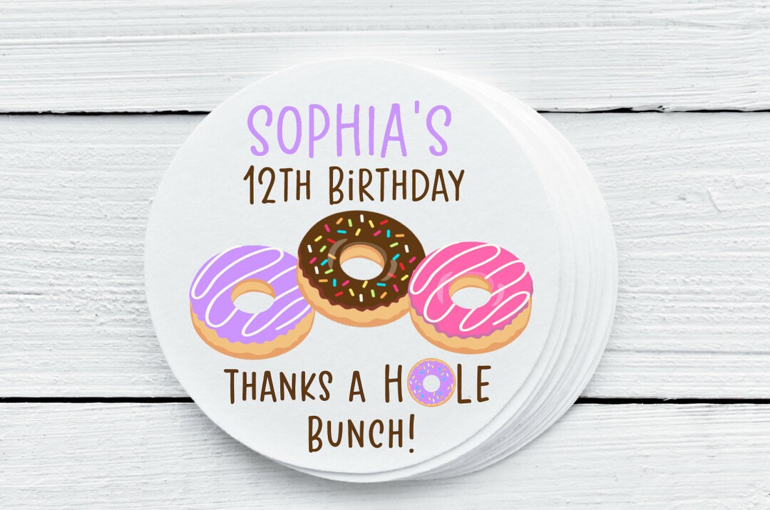 Personalized Glossy Donut Birthday Party Favor Labels - Doughnut Favor ...