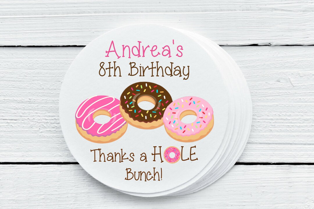 Personalized Glossy Donut Birthday Party Favor Labels - Doughnut Favor ...
