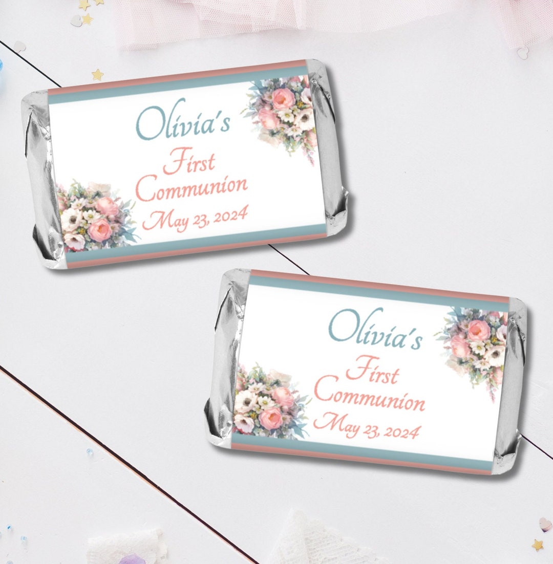 Personalized First Communion Pink Blue Floral Miniature Candy Wrappers ...