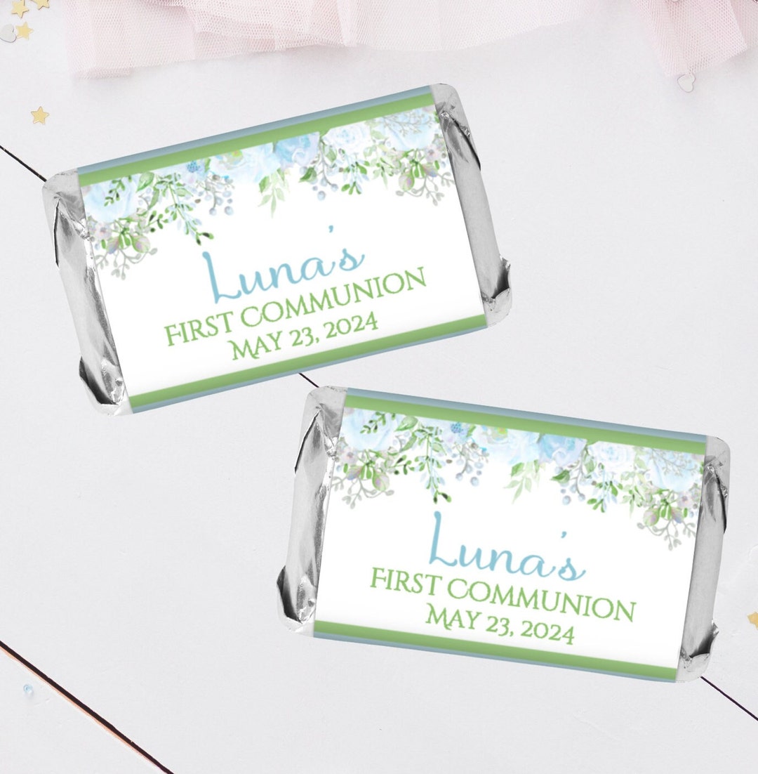 Personalized First Communion Light Blue Floral Miniature Candy Wrappers ...