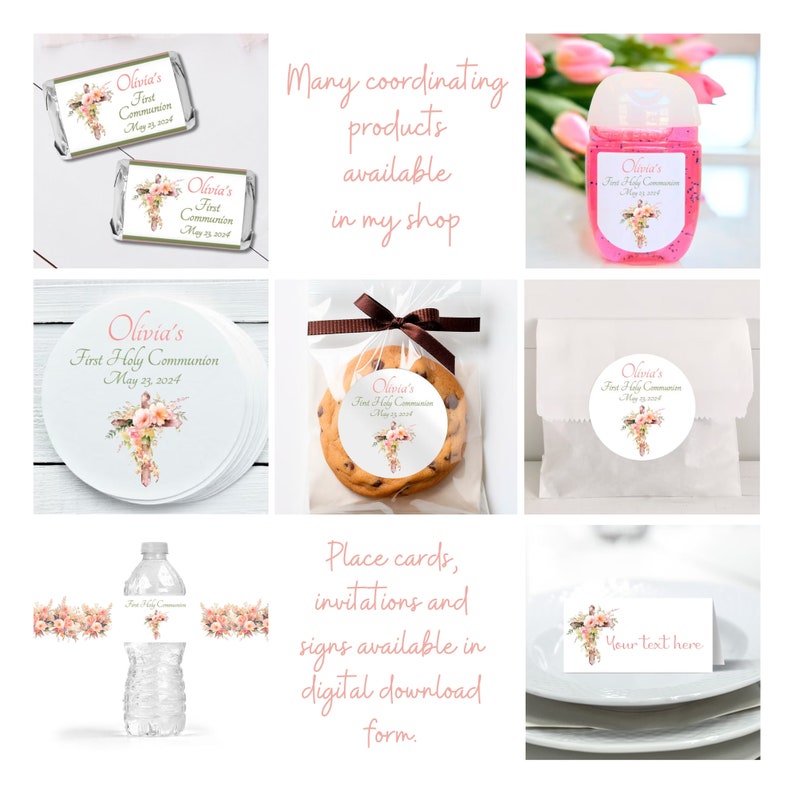 Light Pink Floral Cross First Communion Water Bottle Labels - Pink ...