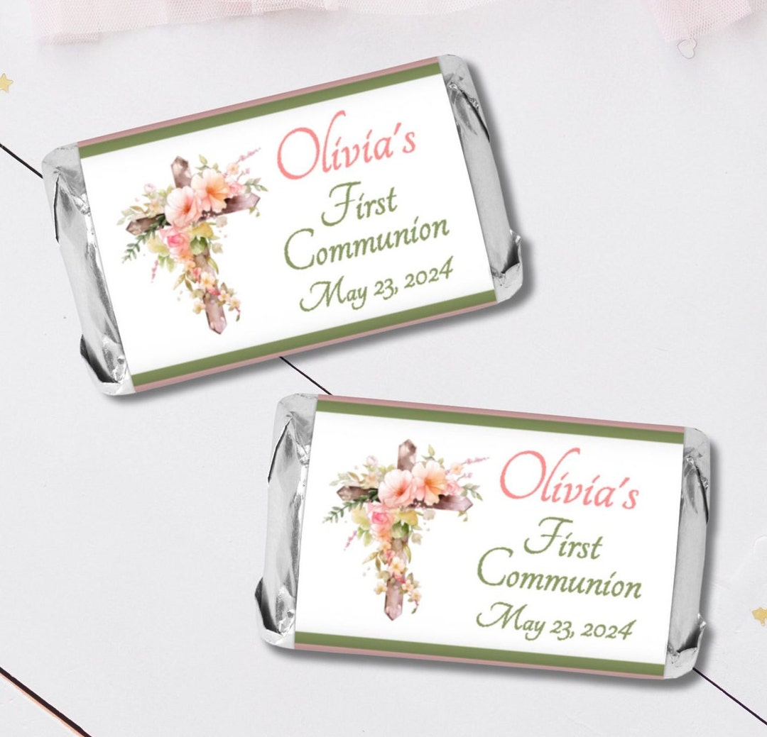 Personalized First Communion Pink Floral Cross Miniature Candy Wrappers ...