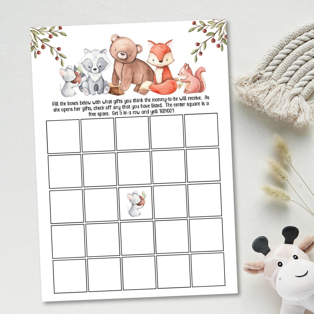 Woodland Animals Baby Shower Theme Bingo Card Printables, WAN673 ...