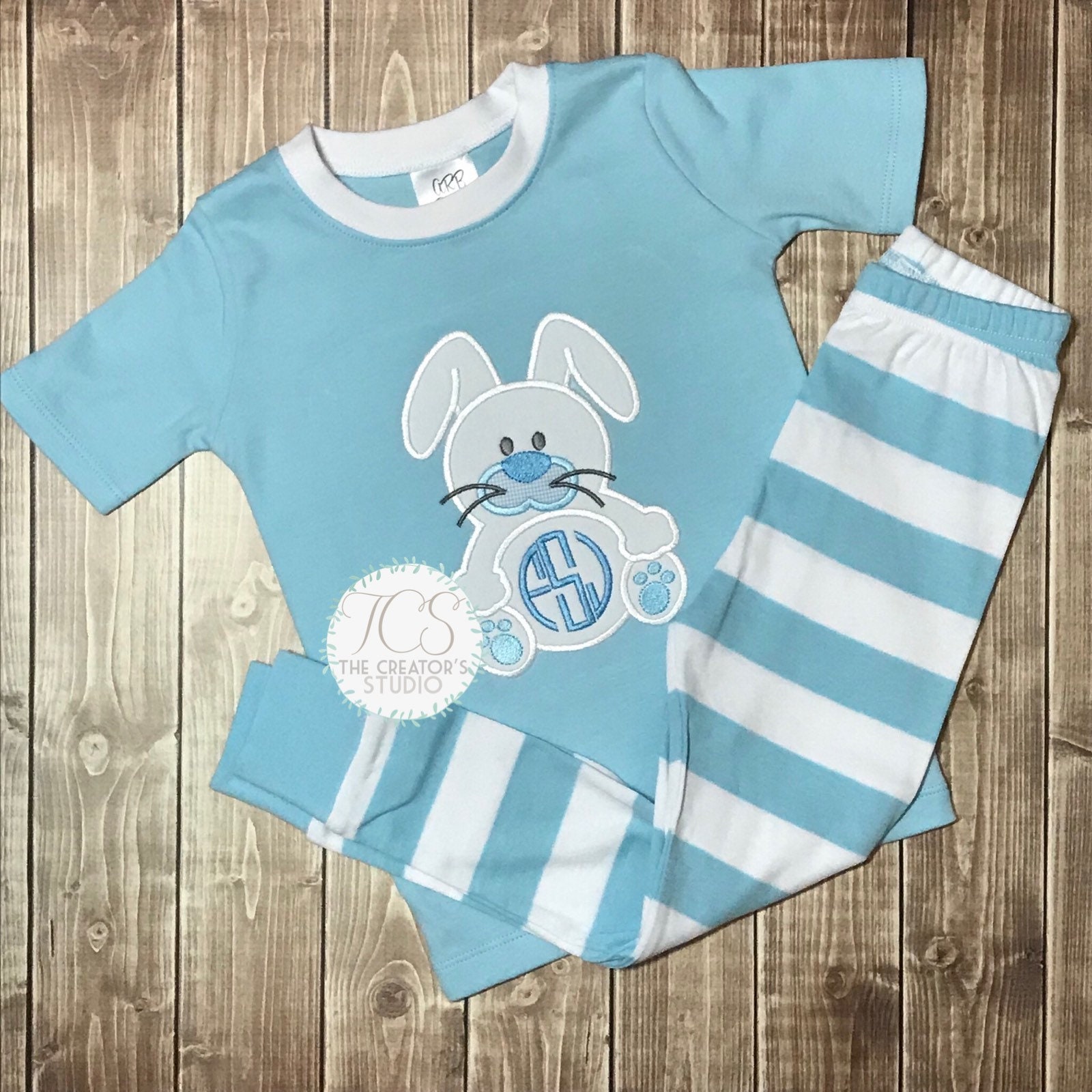 Easter Bunny Monogram Blue Applique and Embroidered Pajamas | Etsy