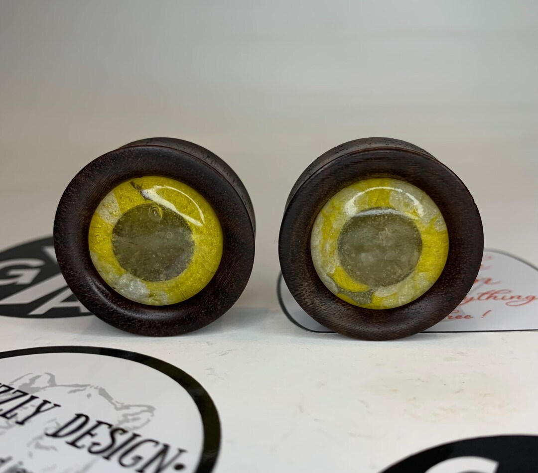 28mm Black Walnut Double Flare Wood Plugs With White Agate and Yellow ...