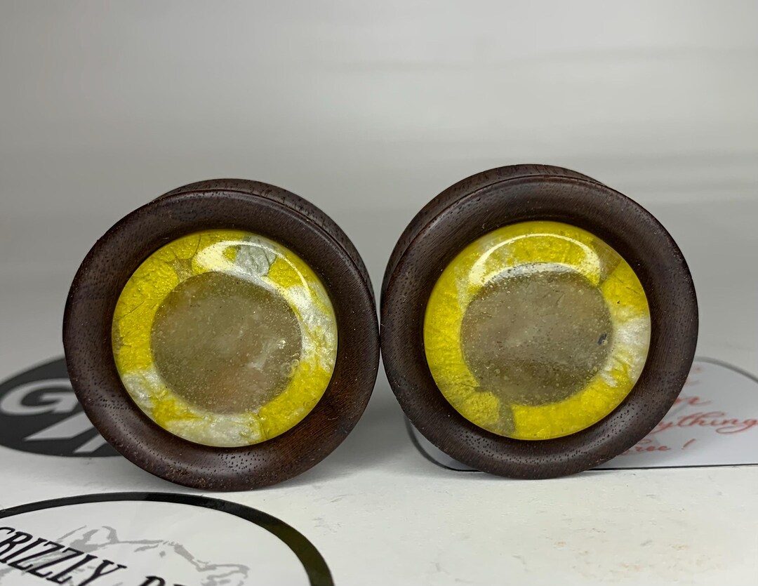 33mm Black Walnut Double Flare Wood Plugs With White Agate and Yellow ...