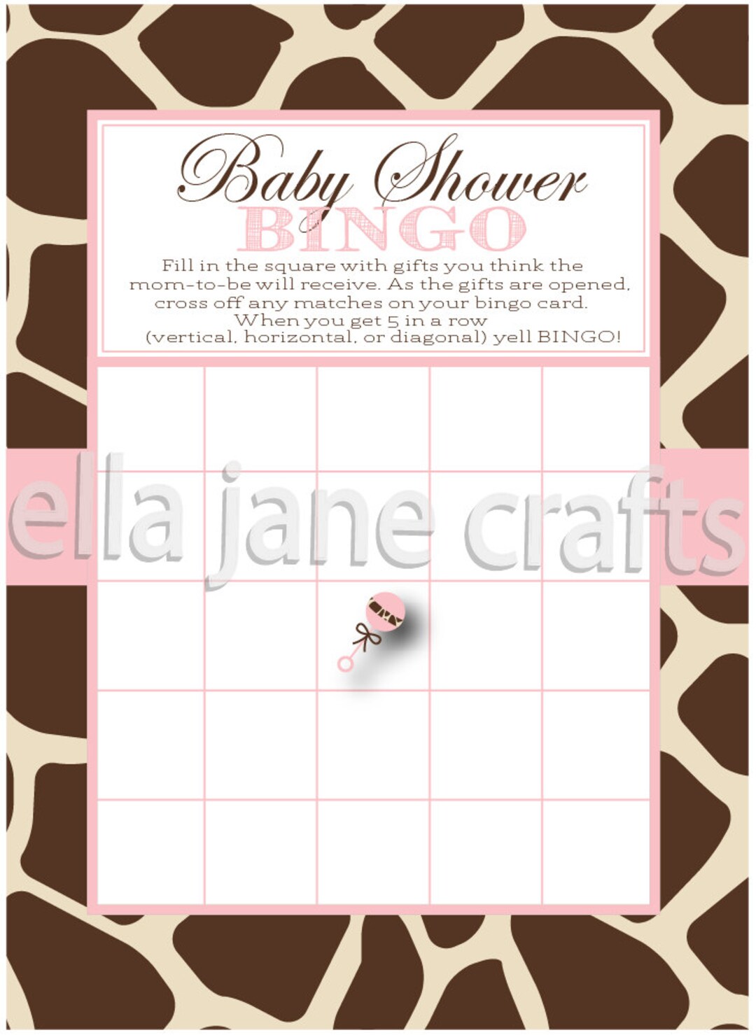Giraffe and Pink Baby Shower Bingo PDF Instant Download- Baby Shower ...