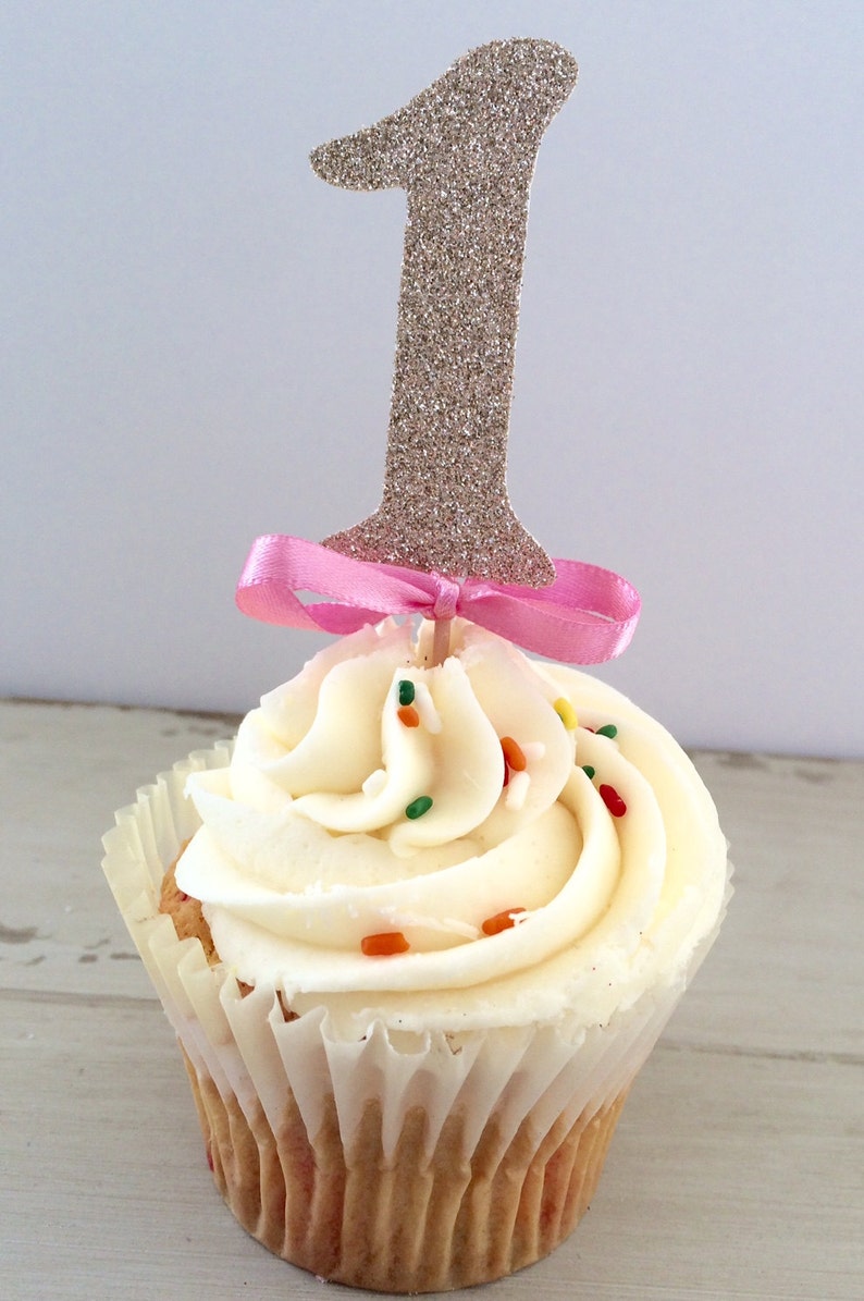 Gold Glitter Number One Cupcake Toppers, With Ribbon Bows- 1st Birthday ...