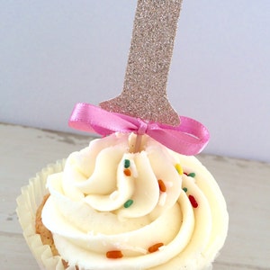 Gold Glitter Number One Cupcake Toppers, With Ribbon Bows- 1st Birthday ...