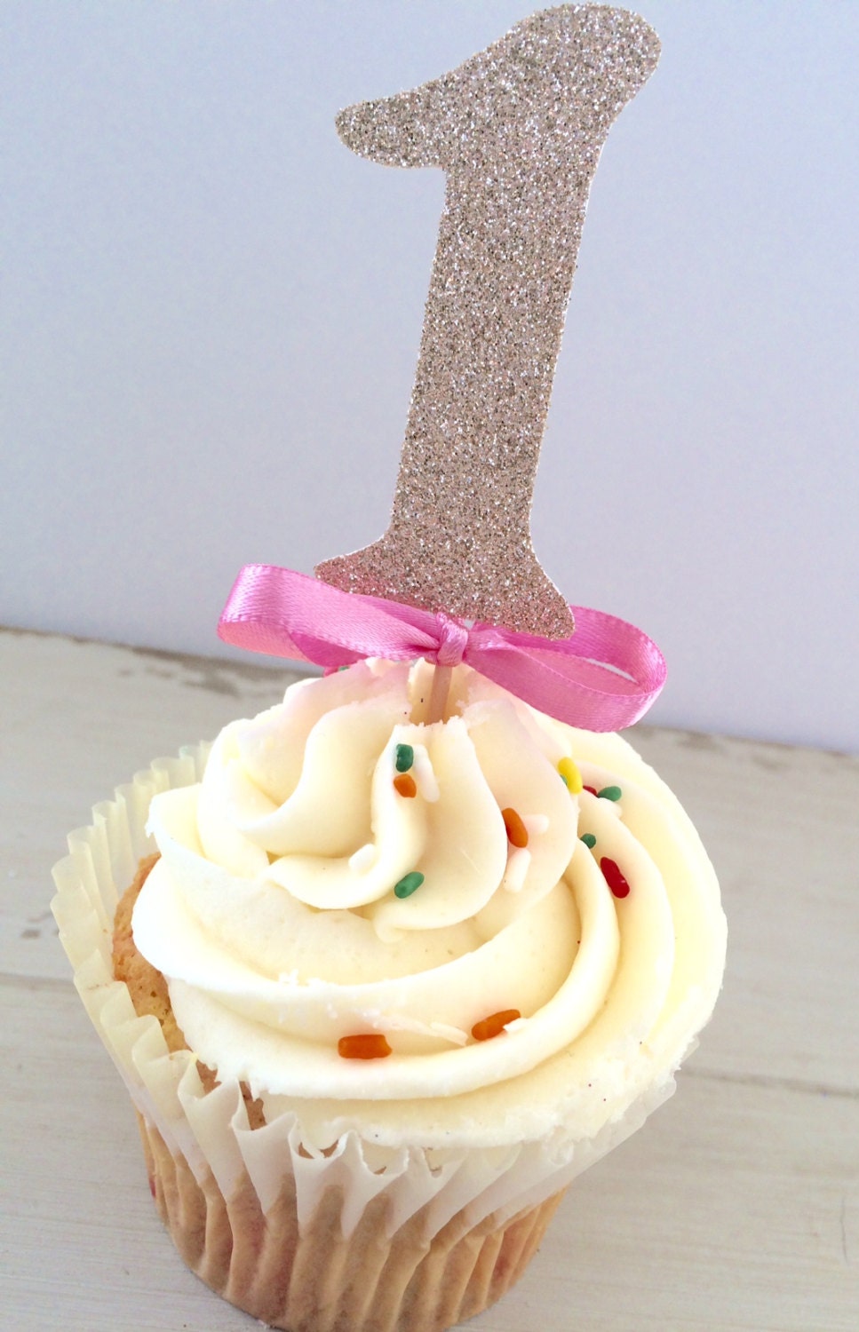 Gold Glitter Number One Cupcake Toppers, With Ribbon Bows- 1st Birthday ...