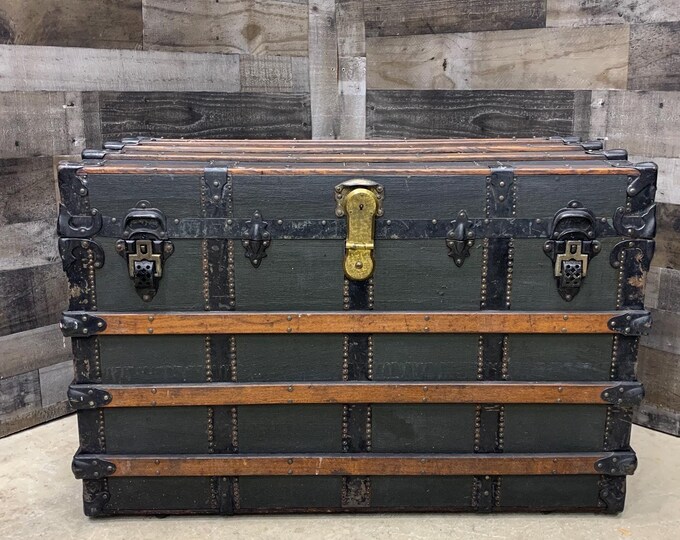 Antique Flat Top Steamer Trunk PITTSBURG, Large Storage Chest ...