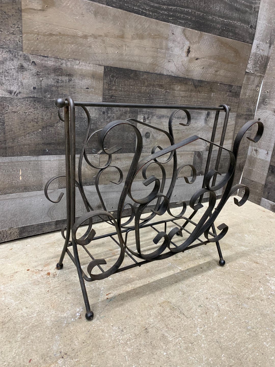 Vintage Black Wrought Iron Magazine Rack, Portable Mid Century Record ...