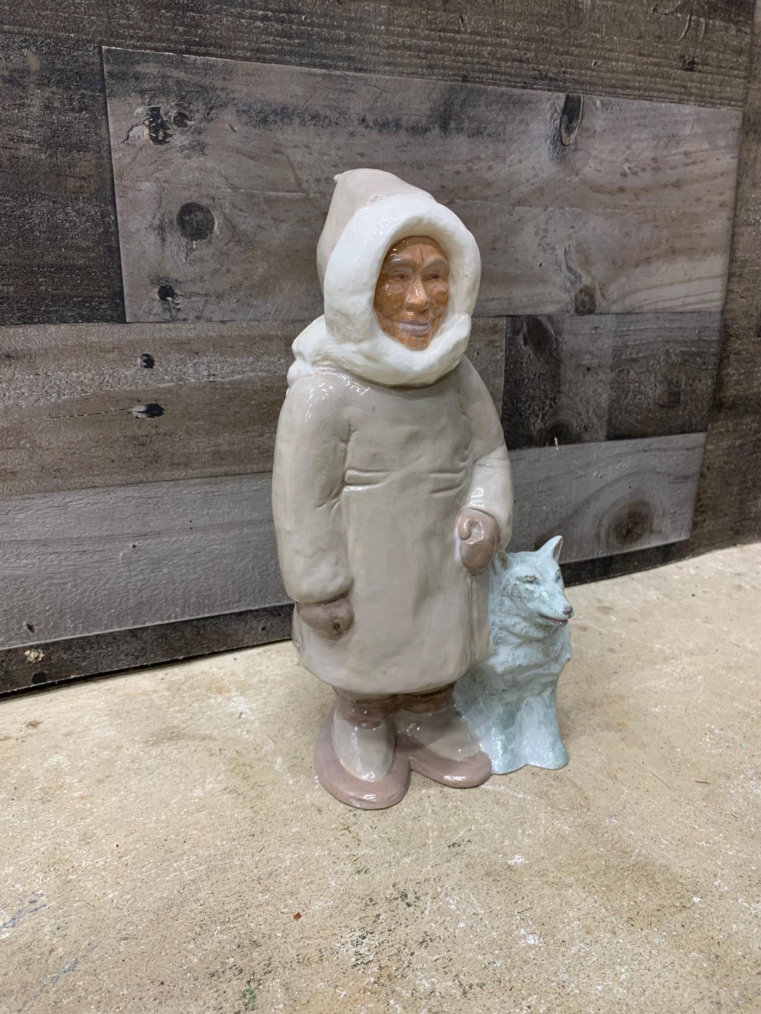 Vintage Ceramic Eskimo With Dog, Alaska Native and Wolf Glazed Pottery ...