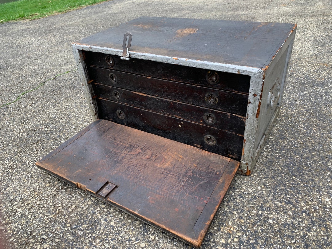 Antique Wood Machinist Chest With 4 Drawers, Industrial Storage Chest ...
